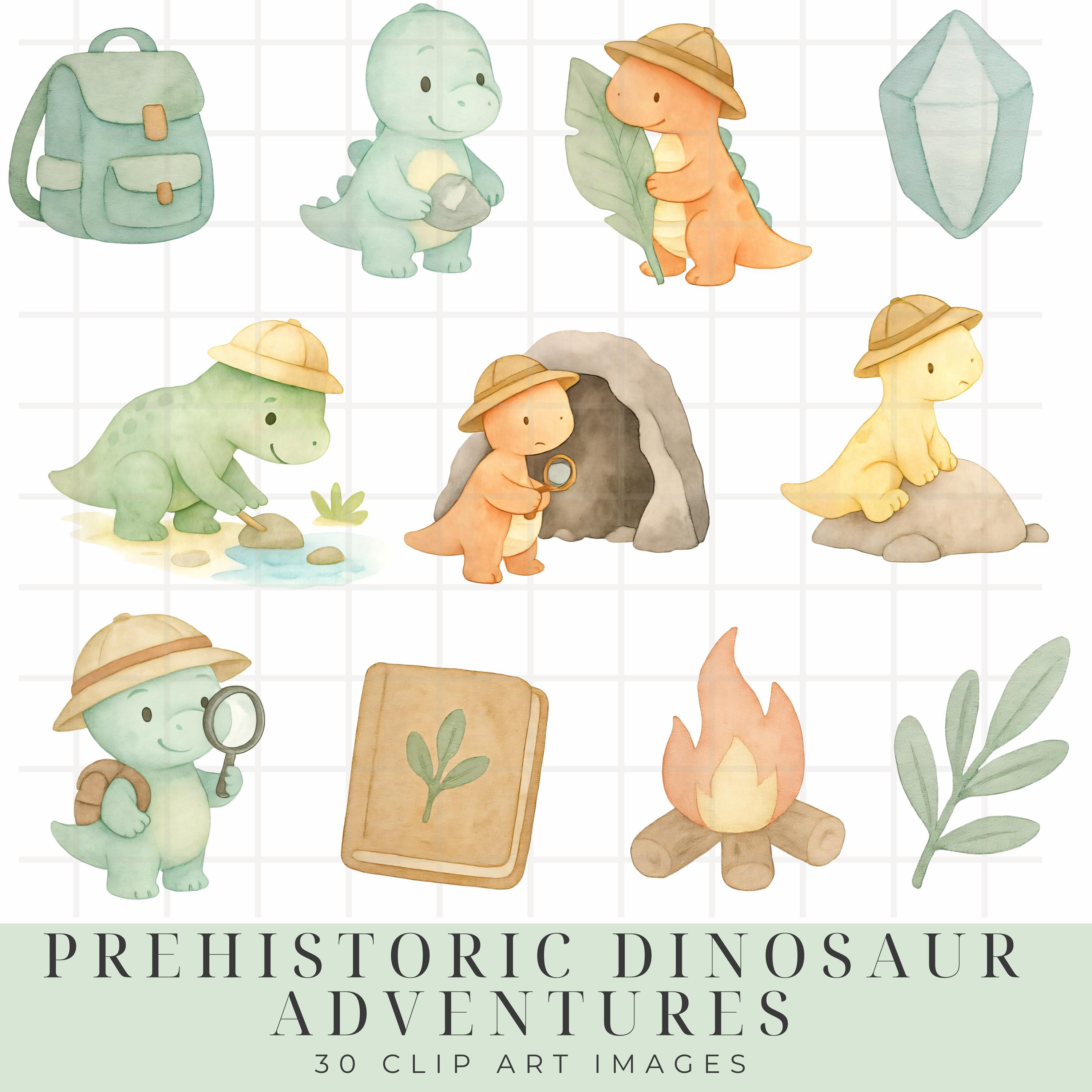 Prehistoric Dinosaur Explorers Watercolor Clipart Set | Adventure Dinos ...