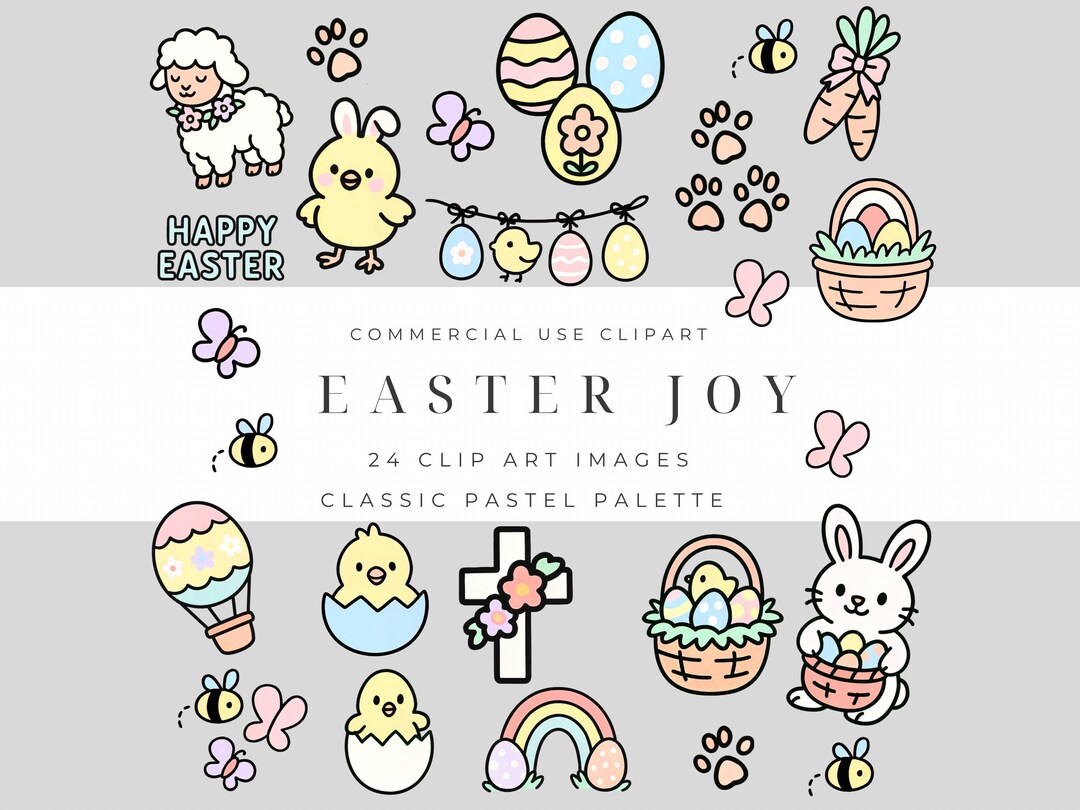 Pastel Easter Clipart Pack - Bold & Easy Cute Pngs of Bunnies, Eggs ...