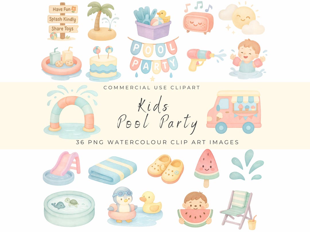 Kids Pool Party Clipart | Watercolor Summer Pool Fun | Cute Baby ...
