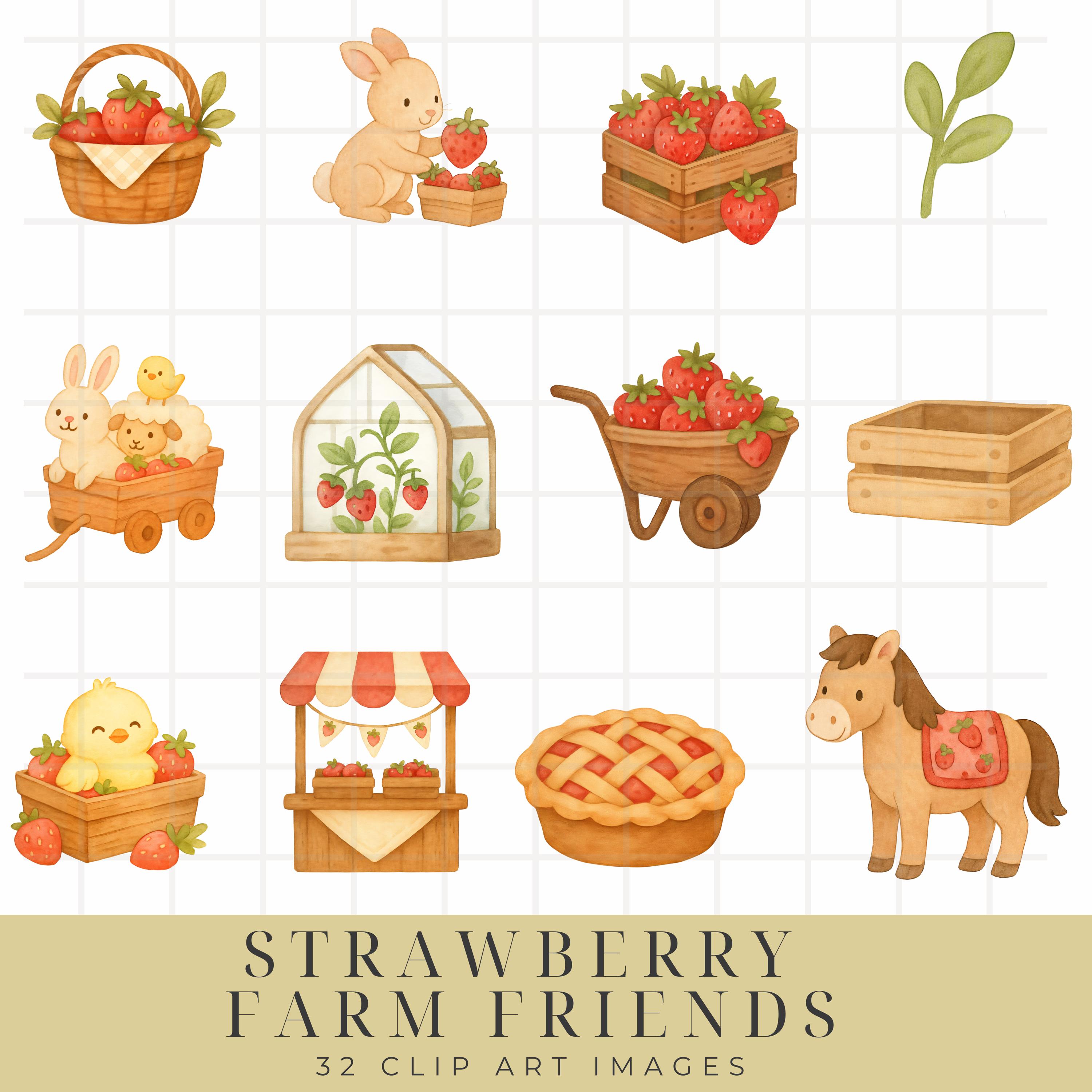 Strawberry Farm Friends Clipart – Watercolor Animals, Berries, Barn ...