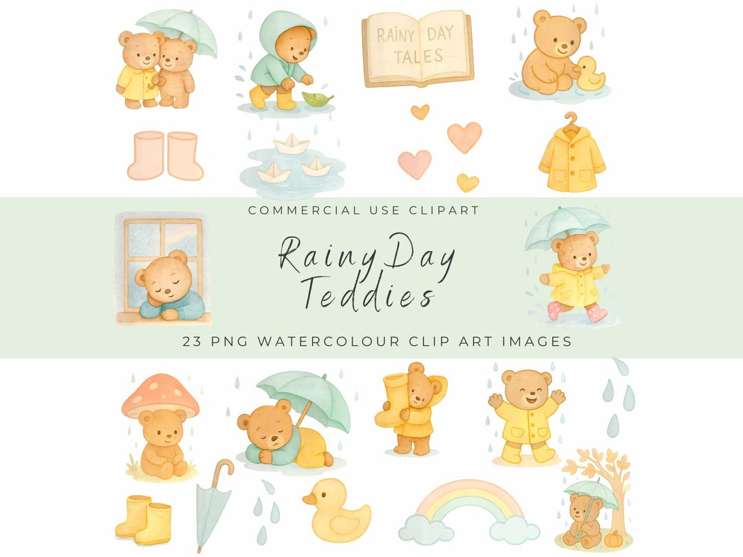 Rainy Day Teddy Bears Clipart – Cozy Watercolor Bears With Umbrellas ...