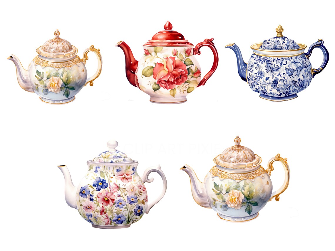 High Tea Tea Pots Clip Art Pack Watercolour, Clipart or Commercial Use ...