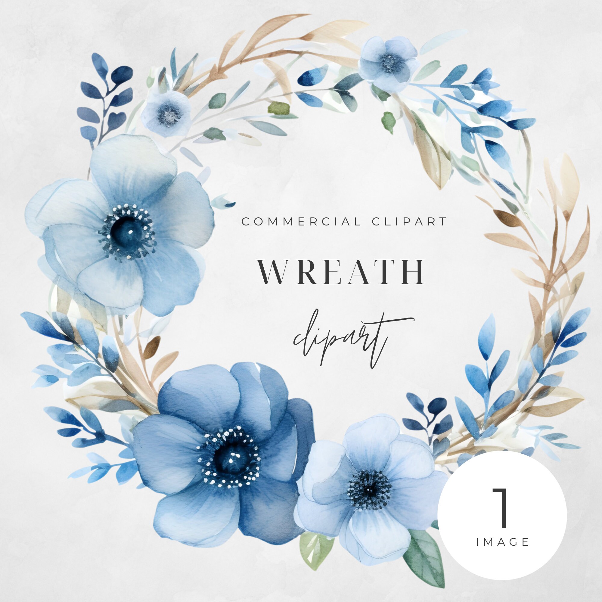 Watercolor Blue Floral Wreath Clipart, SINGLE IMAGE, Flowers, Half ...