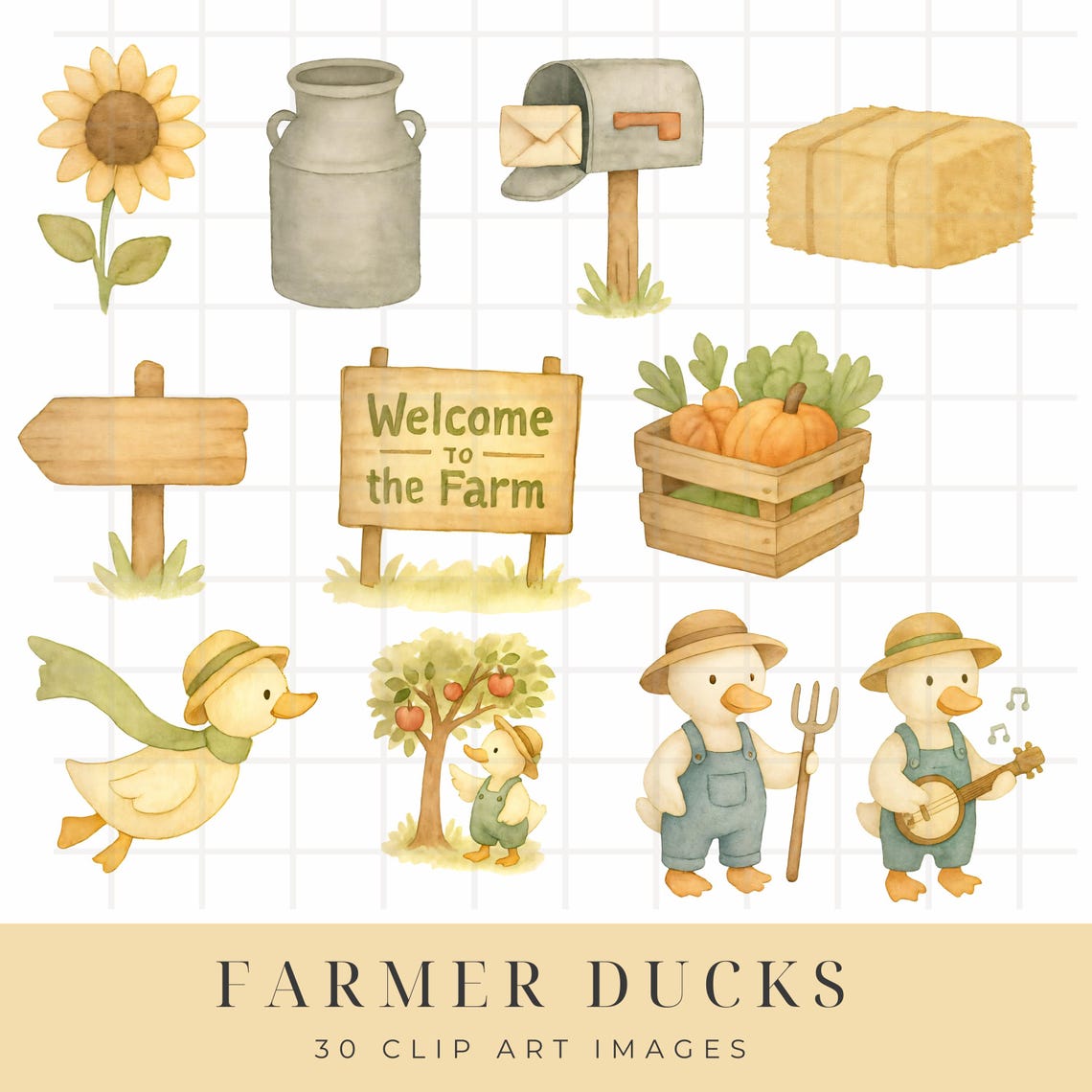 Watercolor Farmer Duck Clipart Bundle | Cute Ducks, Farm Life Scenes ...