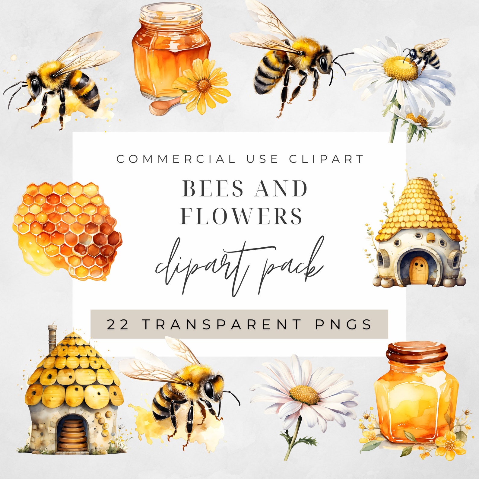 Watercolor Bees and Flowers Clipart, Clipart for Commercial Use ...