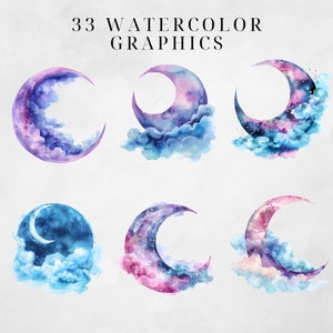 Watercolor Mystical Moons Clipart, BUNDLE, Moon, Half Moon, Clouds ...