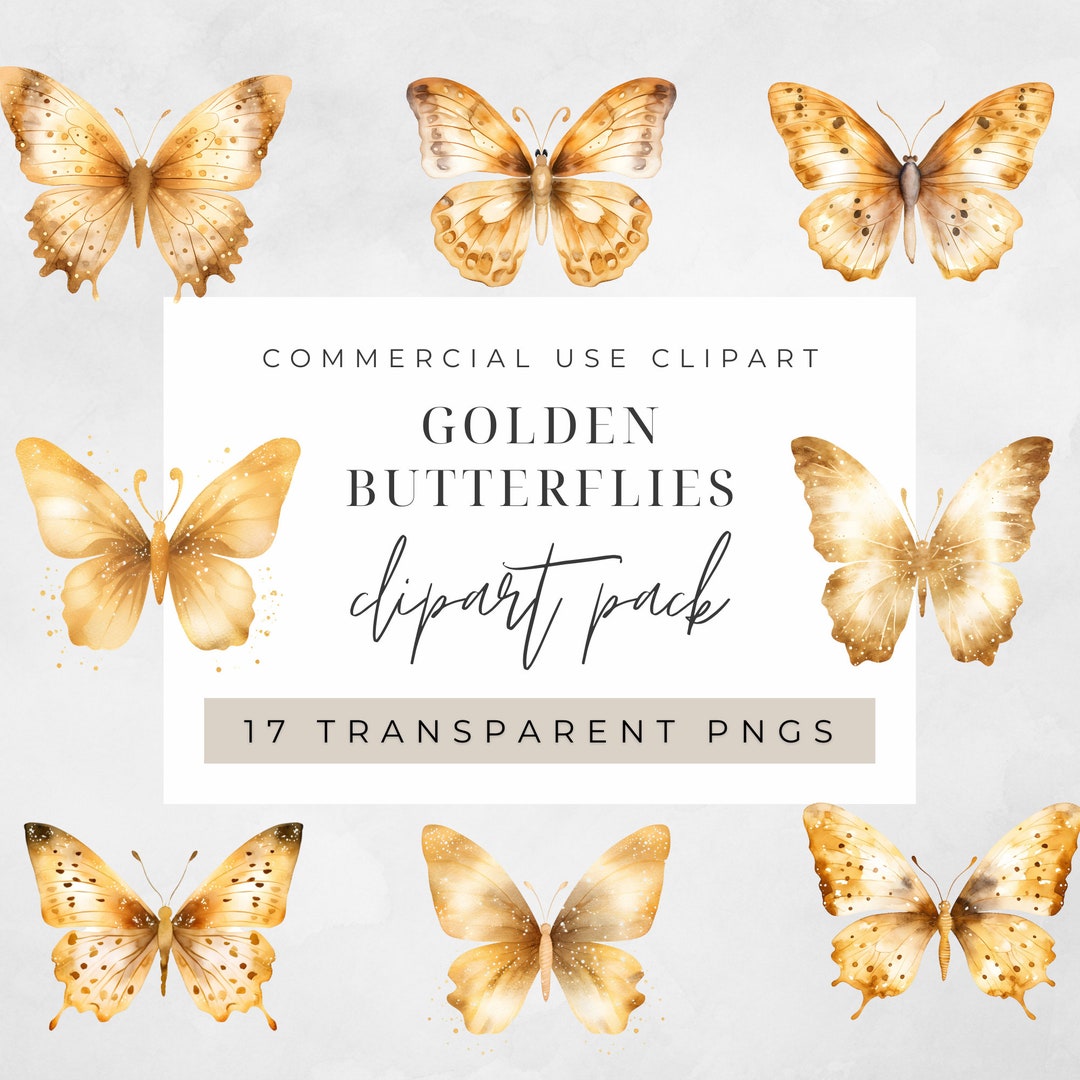 Watercolor Golden Butterfly Clipart, Clipart for Commercial Use ...