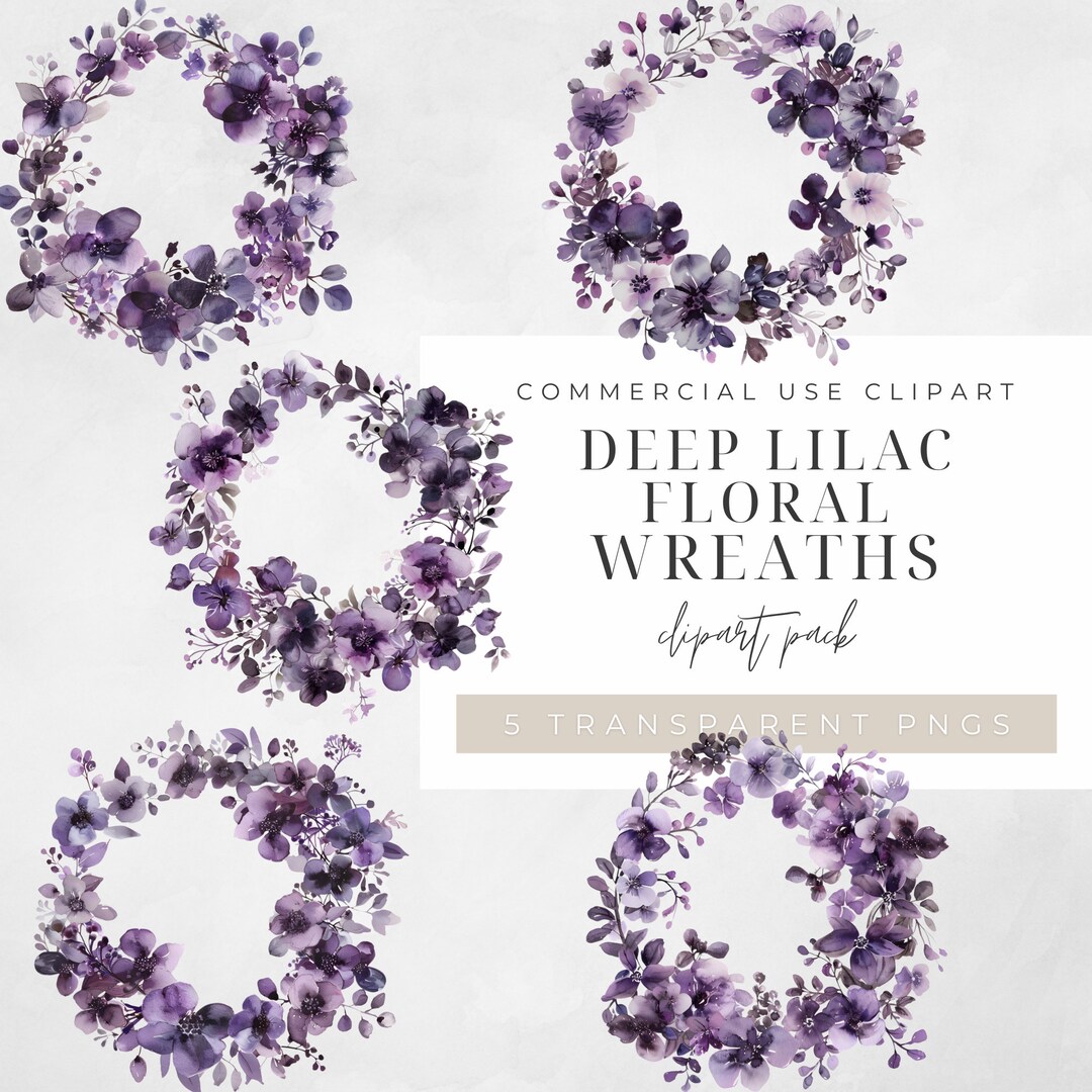 Watercolor Floral Wreath Deep Lilac Clipart, BUNDLE, Flowers, Half ...
