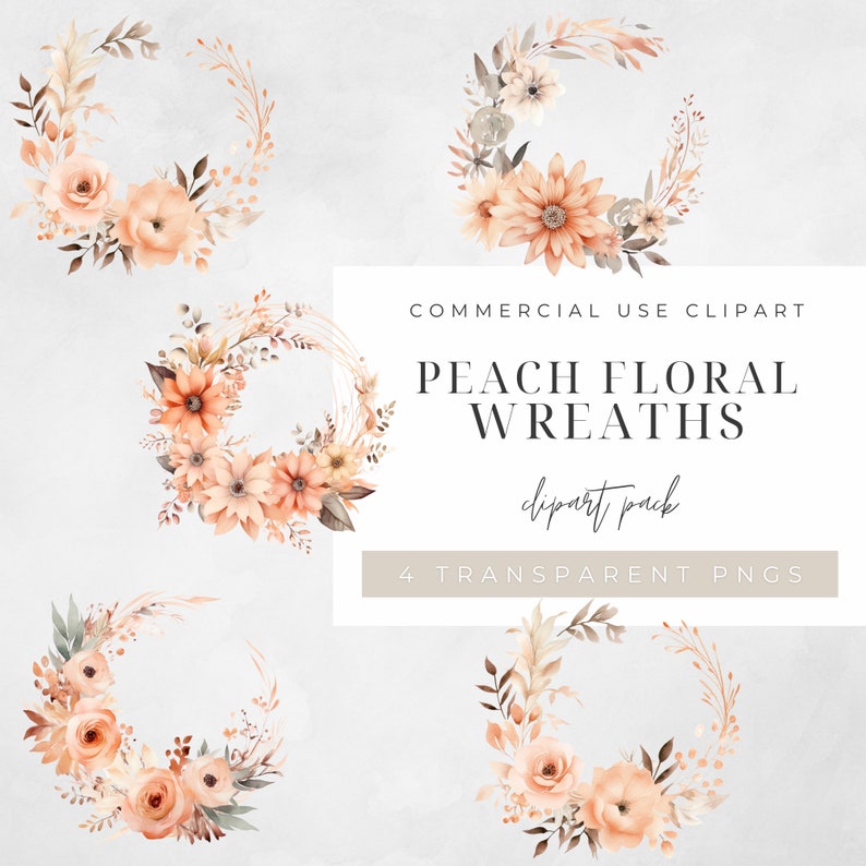 Watercolor Peach Floral Wreath Clipart, BUNDLE, Flowers, Half Wreaths ...