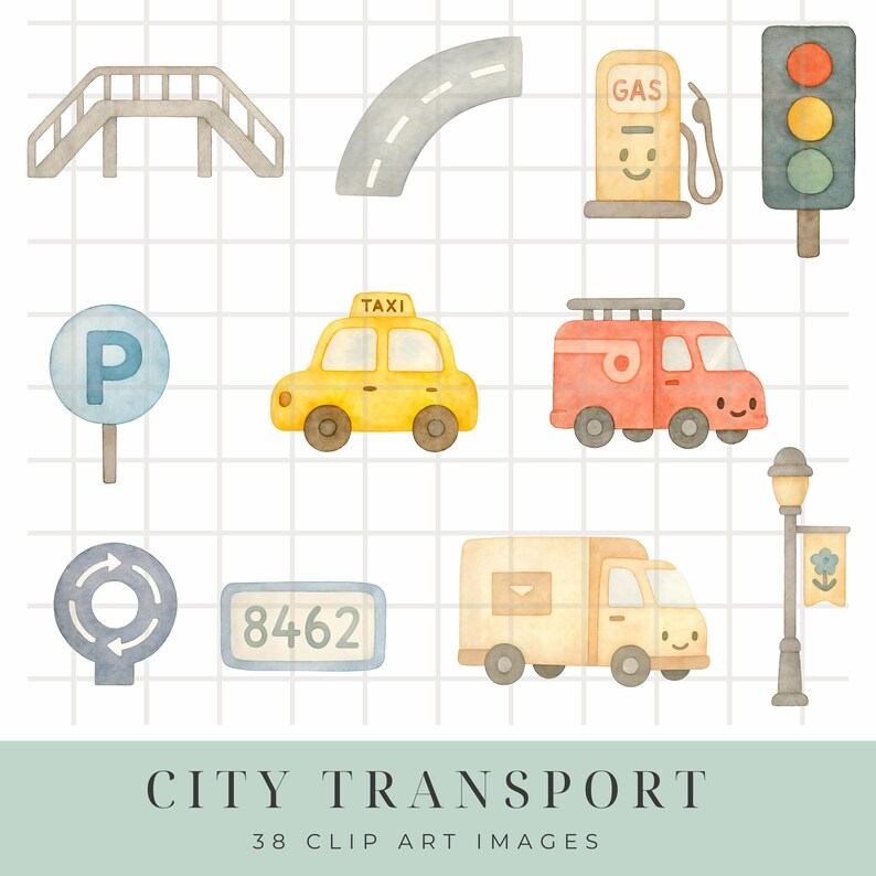 City Transport Watercolor Clipart – Cute Cars, Buses, Roads & Signs ...