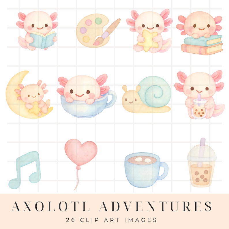 Cute Watercolor Axolotl Clipart Bundle – Cute Pastel Axolotl Characters ...