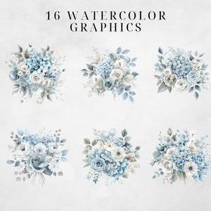 Blue Grey Winter Floral Bouquet Watercolor Clipart PNG, Junk Journaling ...