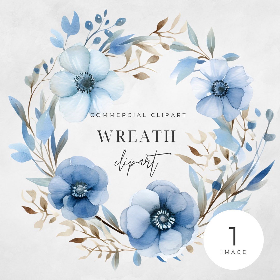 Watercolor Blue Floral Wreath Clipart, SINGLE IMAGE, Flowers, Half ...
