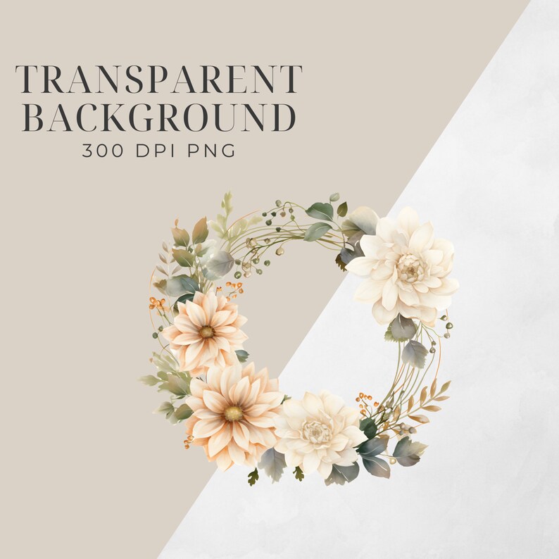 Watercolor Dahlia Floral Wreath Clipart, SINGLE IMAGE, Leaves, Cream ...