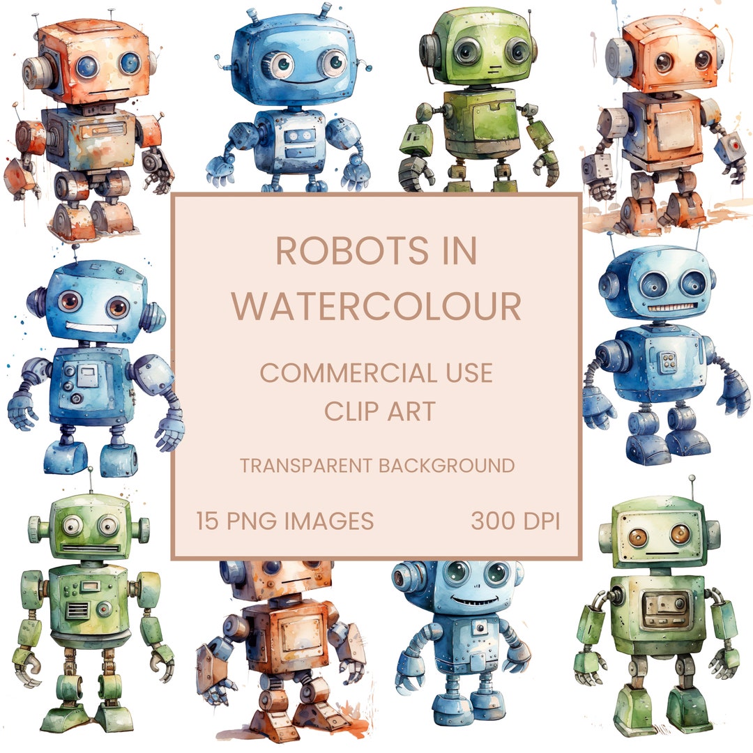 Watercolour Robots Clip Art Pack Watercolour, Clipart for Commercial ...