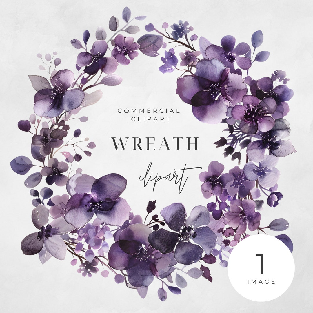 Watercolor Floral Wreath Deep Lilac Clipart, SINGLE IMAGE, Flowers ...