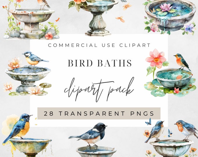 Watercolor Bird Bath Clipart Set, Garden Birds Illustration (digital ...
