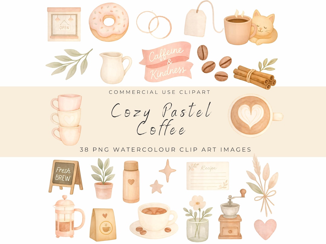 Pastel Coffee Watercolor Clipart Bundle | Cozy Café Plants, Mugs ...