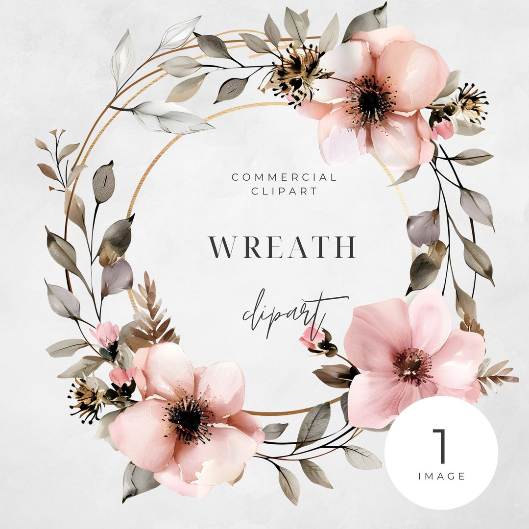 Pink Flowers Gold Frame Wreaths Watercolor Clipart PNG, Junk Journaling ...