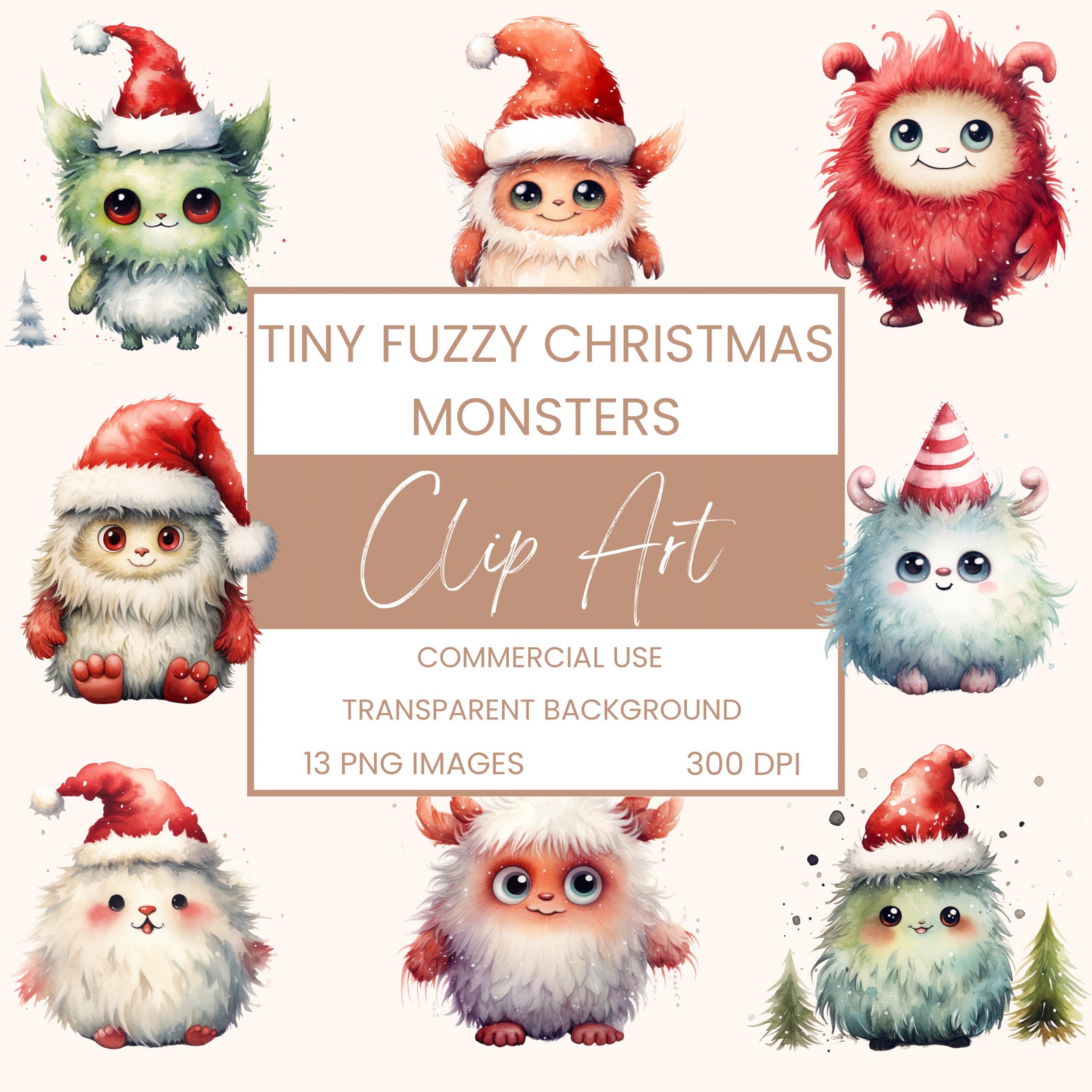 Tiny Fuzzy Christmas Monsters Clip Art Pack Watercolour, Clipart or ...