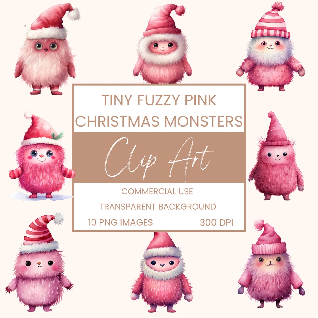Tiny Fuzzy Pink Christmas Monsters Clip Art Pack Watercolour, Clipart ...