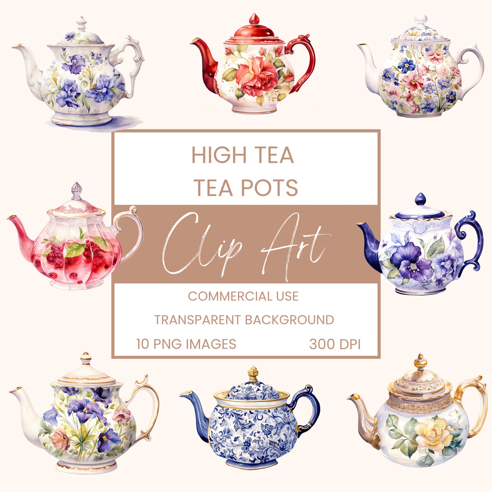 High Tea Tea Pots Clip Art Pack Watercolour, Clipart or Commercial Use ...