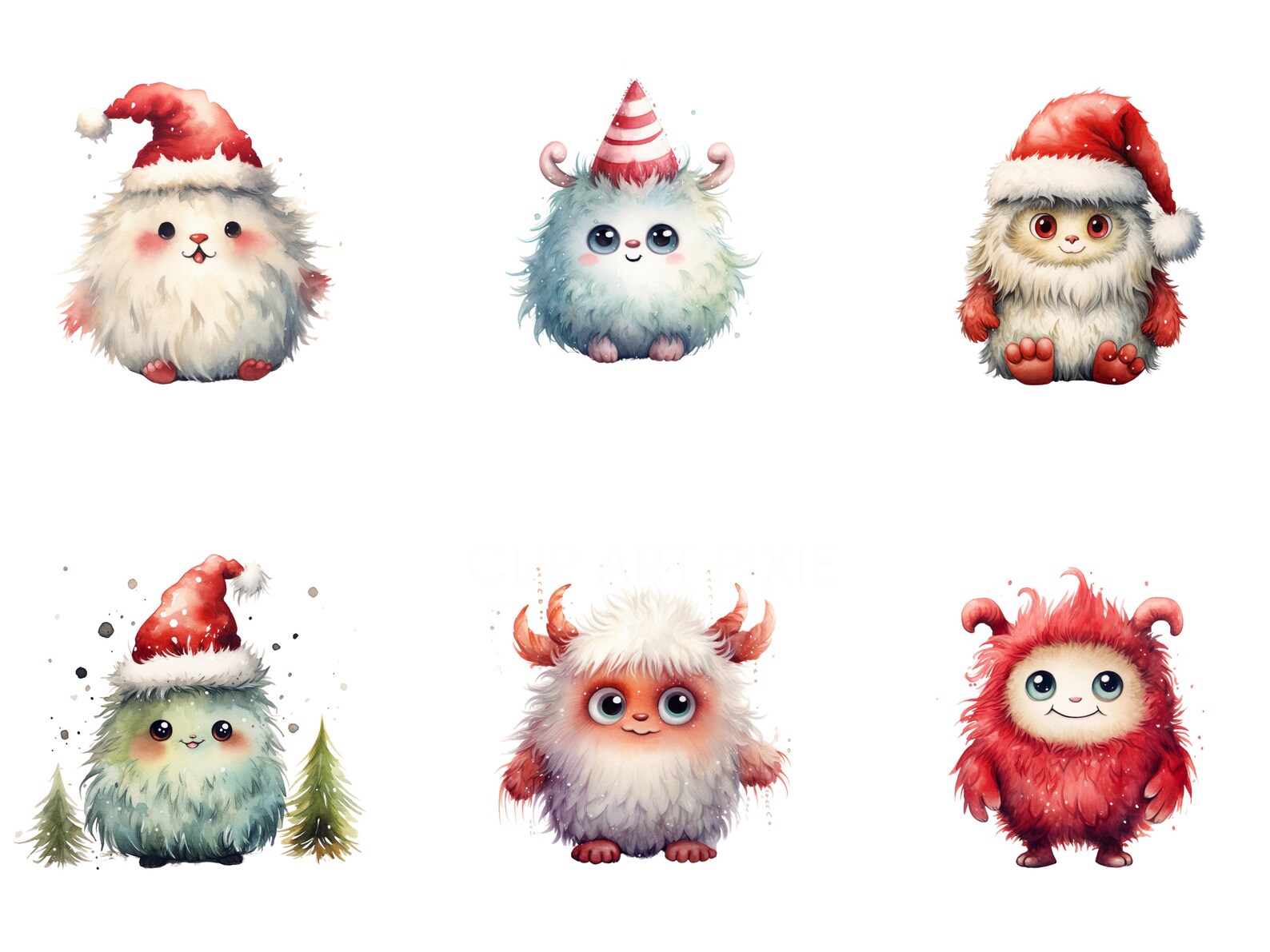 Tiny Fuzzy Christmas Monsters Clip Art Pack Watercolour, Clipart or ...