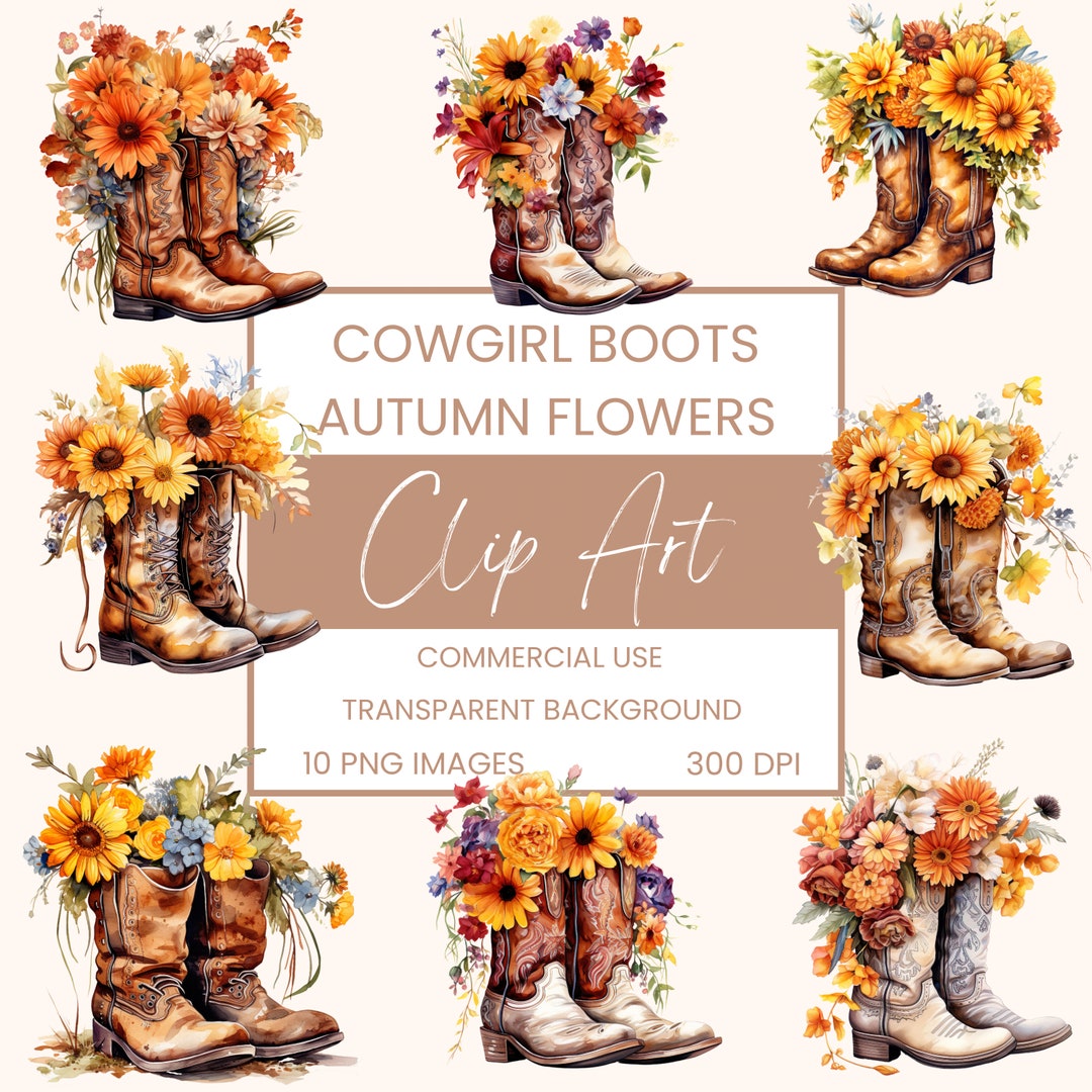 Cowgirl Boots With Fall Autumn Flowers Clip Art Pack Watercolour ...