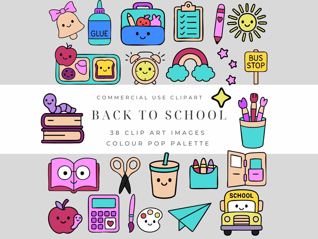 Back to School Clipart Pack – Bold & Easy School Supplies, Books, Bus ...