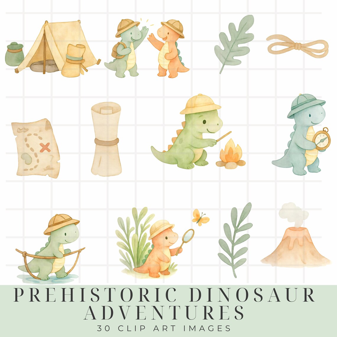 Prehistoric Dinosaur Explorers Watercolor Clipart Set | Adventure Dinos ...