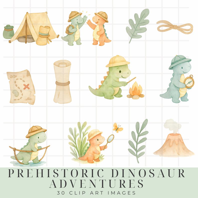 Prehistoric Dinosaur Explorers Watercolor Clipart Set | Adventure Dinos ...
