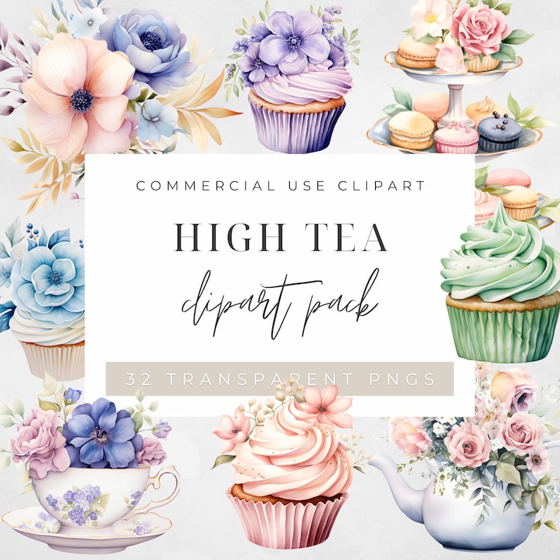 High Tea Clip Art Pack Watercolour, Clipart or Commercial Use, Cupcake ...