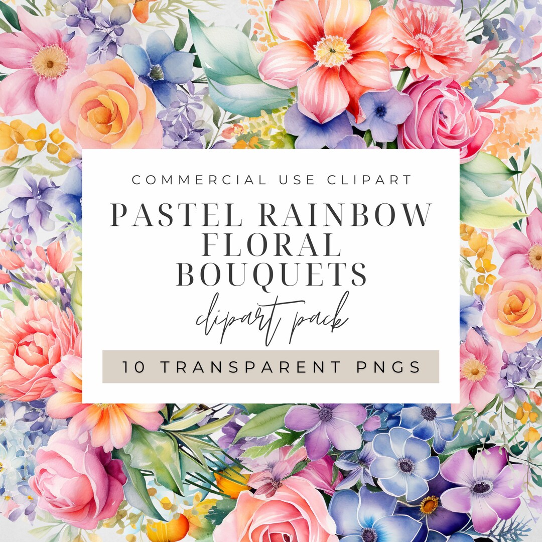 Pastel Rainbow Bouquet Watercolor Clipart PNG, Junk Journaling, Bundle ...