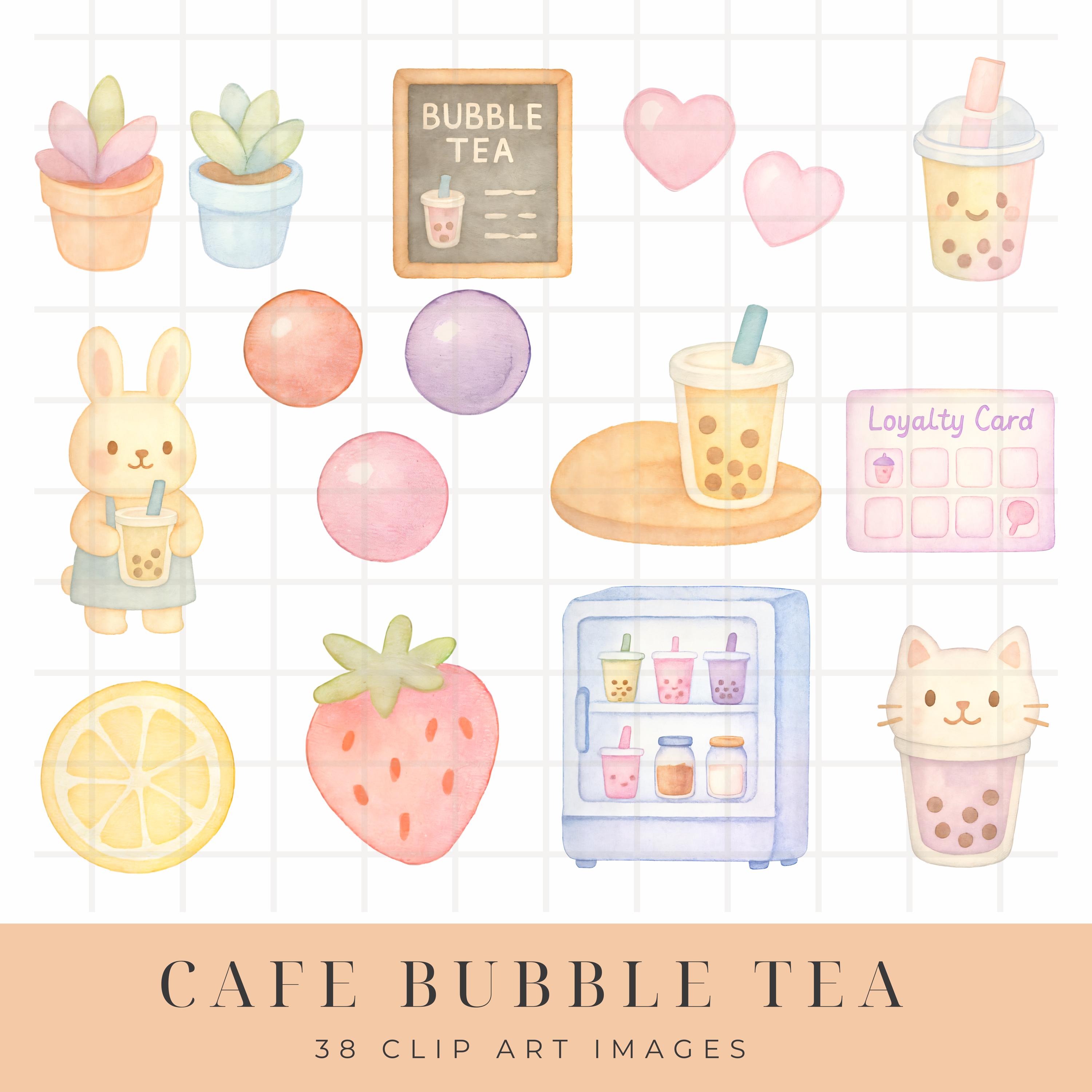 Café Bubble Tea Clipart – Pastel Watercolor Boba Shop Pngs, Cute Bunny ...