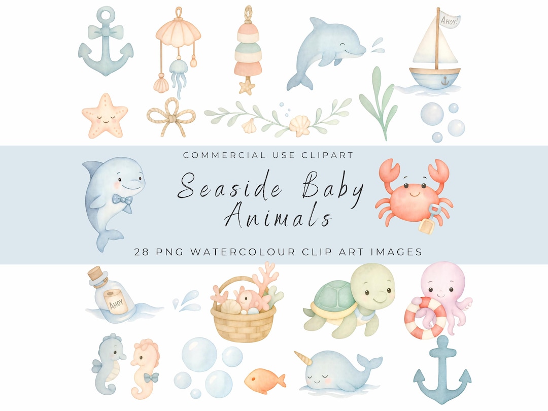 Seaside Baby Animals Watercolor Clipart – Cute Ocean Nursery Art ...