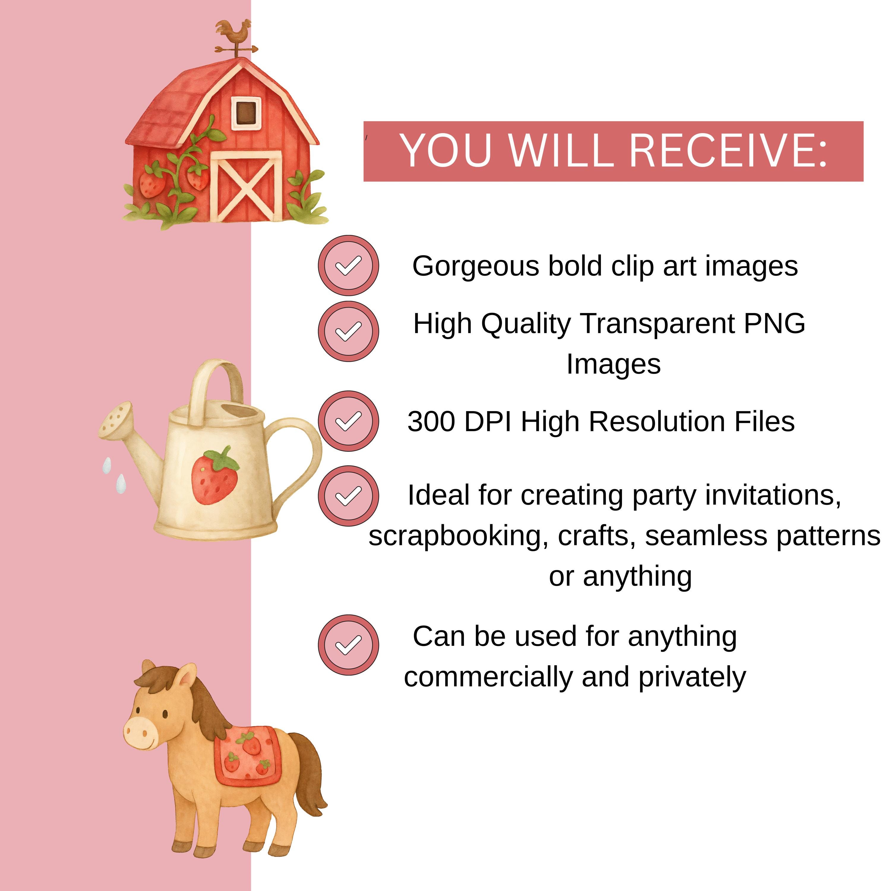 Strawberry Farm Friends Clipart – Watercolor Animals, Berries, Barn ...