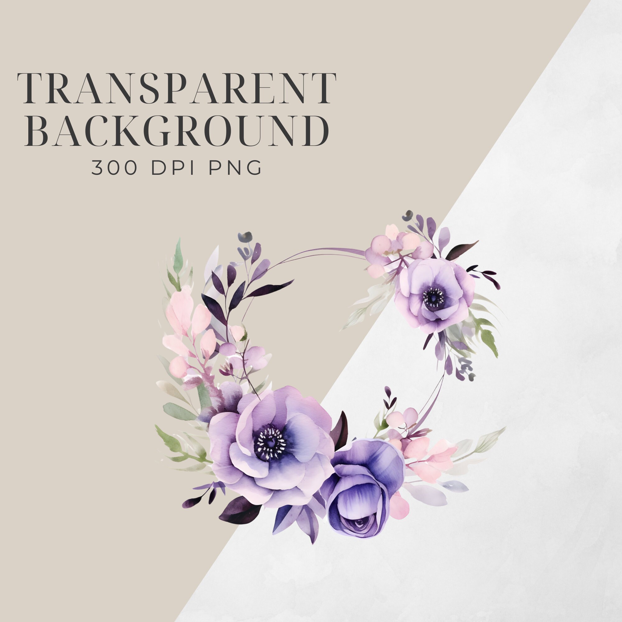 Watercolor Violet Floral Wreath Clipart, SINGLE IMAGE, Flowers, Half ...