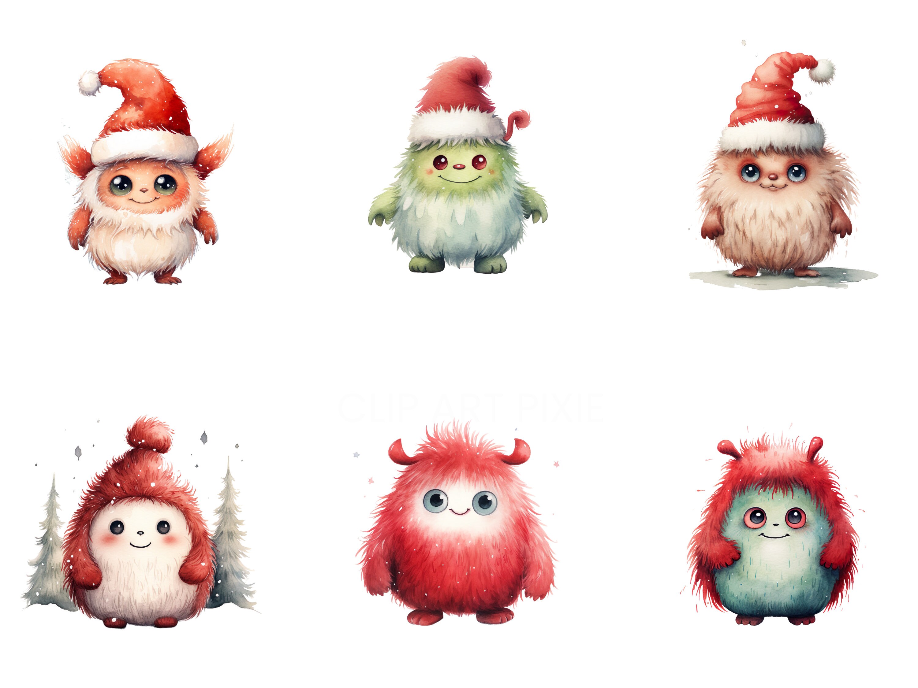 Tiny Fuzzy Christmas Monsters Clip Art Pack Watercolour, Clipart or ...