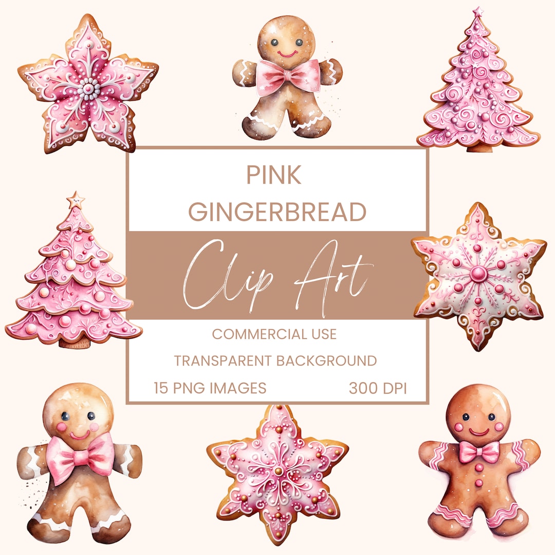 Pink Christmas Gingerbread Clip Art Pack Watercolour, Clipart or ...