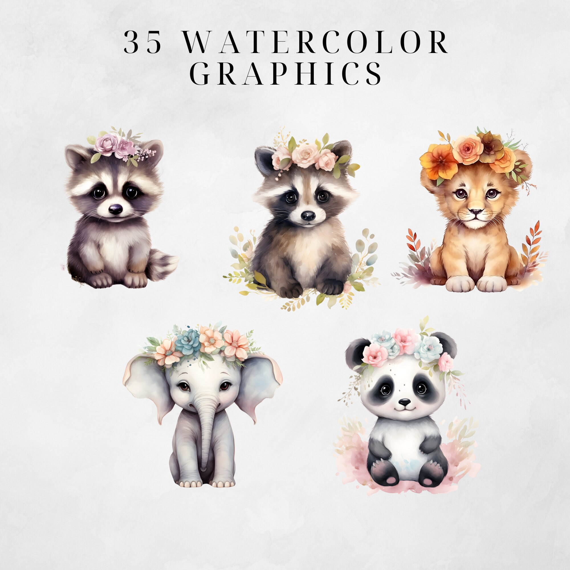Boho Baby Animals Watercolor Clipart PNG, Junk Journaling, Floral ...