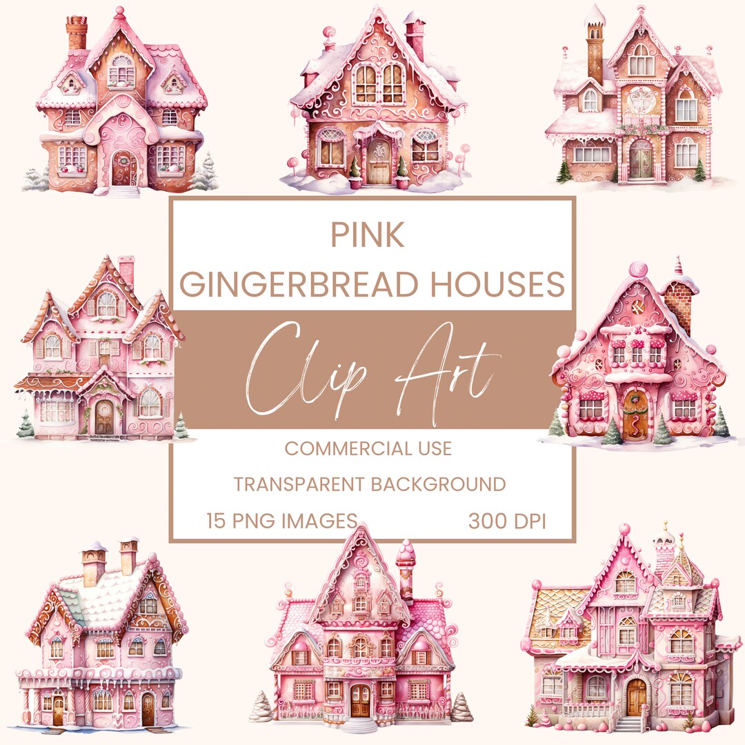 Pink Christmas Gingerbread Houses Clip Art Pack Watercolour, Clipart or ...