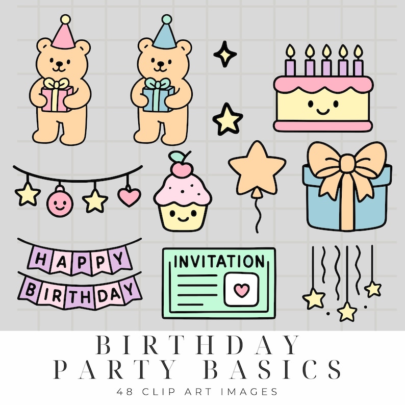 Pastel Birthday Party Clipart Pack | Cute Balloons, Cakes, Gifts ...