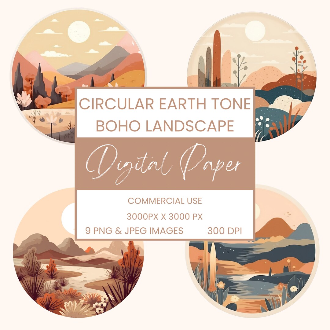 Circular Earth Tone Boho Landscape Scene Digital Paper JPEG & PNG, Junk ...