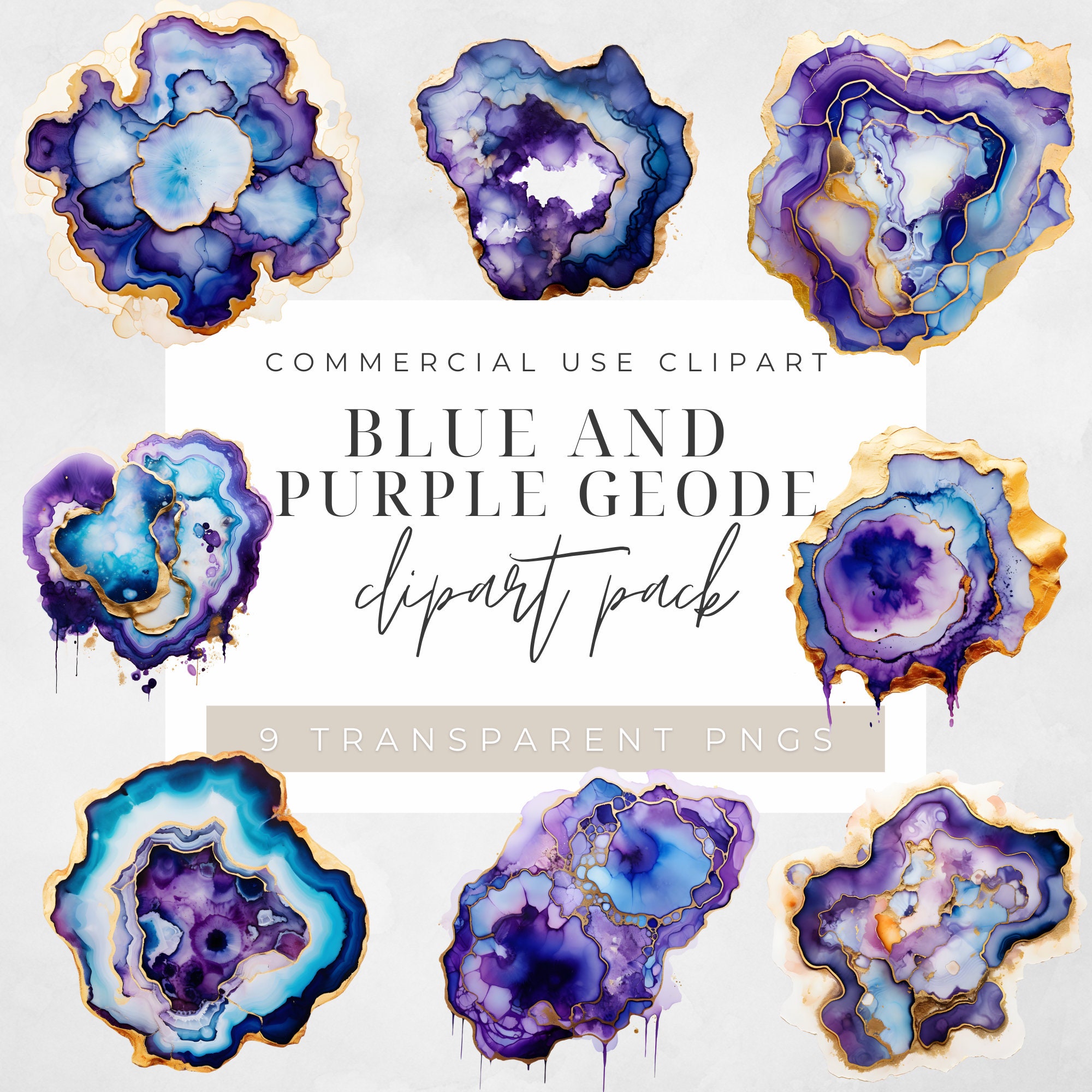Purple and Blue Geode Clip Art Pack Watercolour, Clipart or Commercial ...