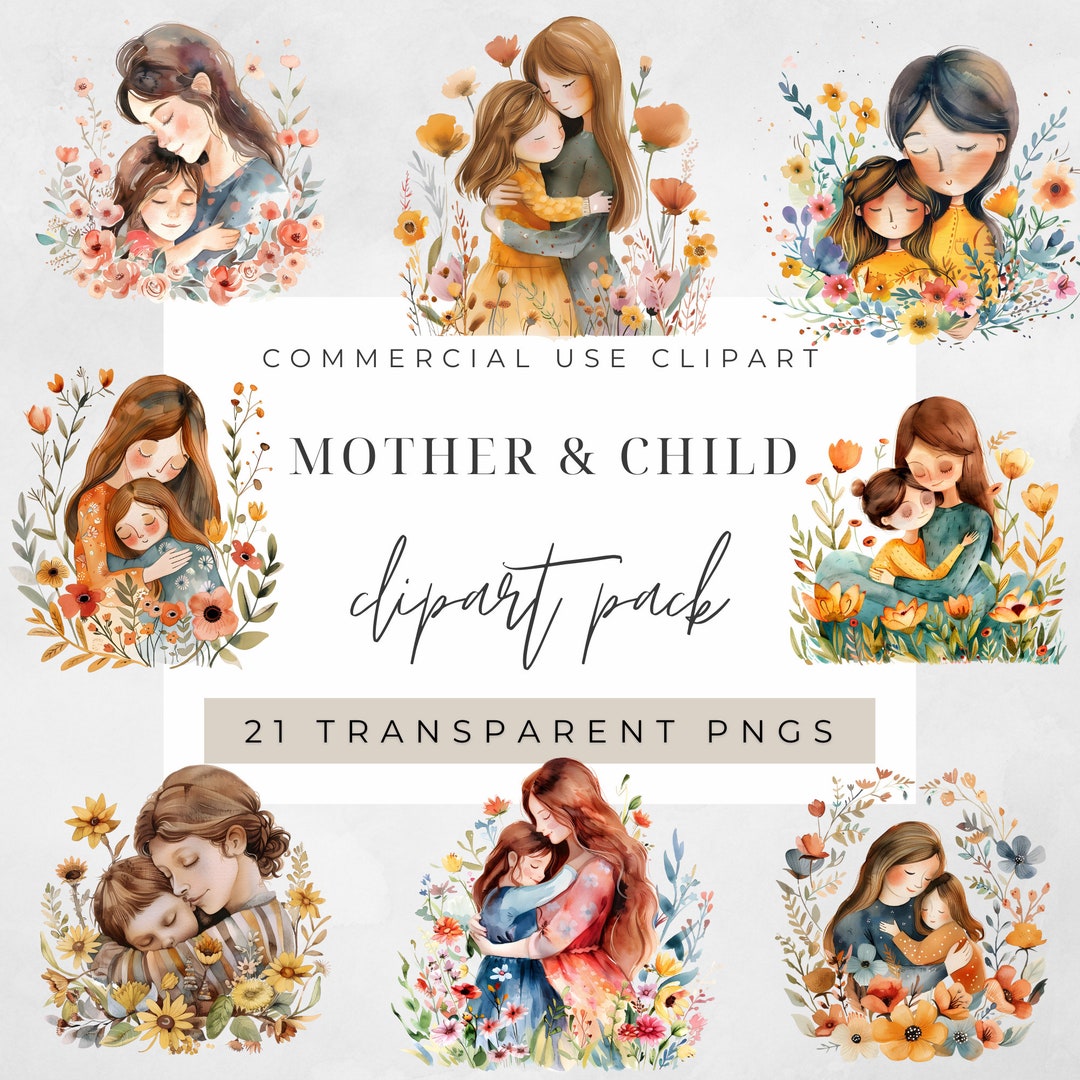 Watercolor Mother and Child Clipart, BUNDLE, Flowers, Mom, Child ...
