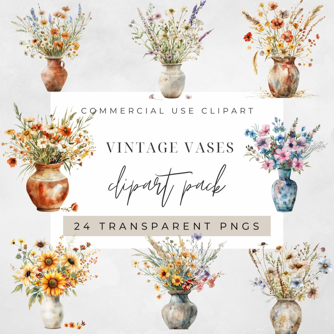 Watercolor Vintage Flower Vases Clipart, BUNDLE, Flowers, Vase, Vintage ...