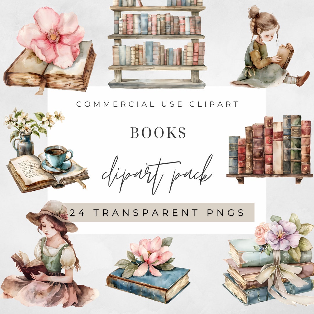 Watercolor Vintage Books Clipart, BUNDLE, Reading, Vintage Girl, Book ...