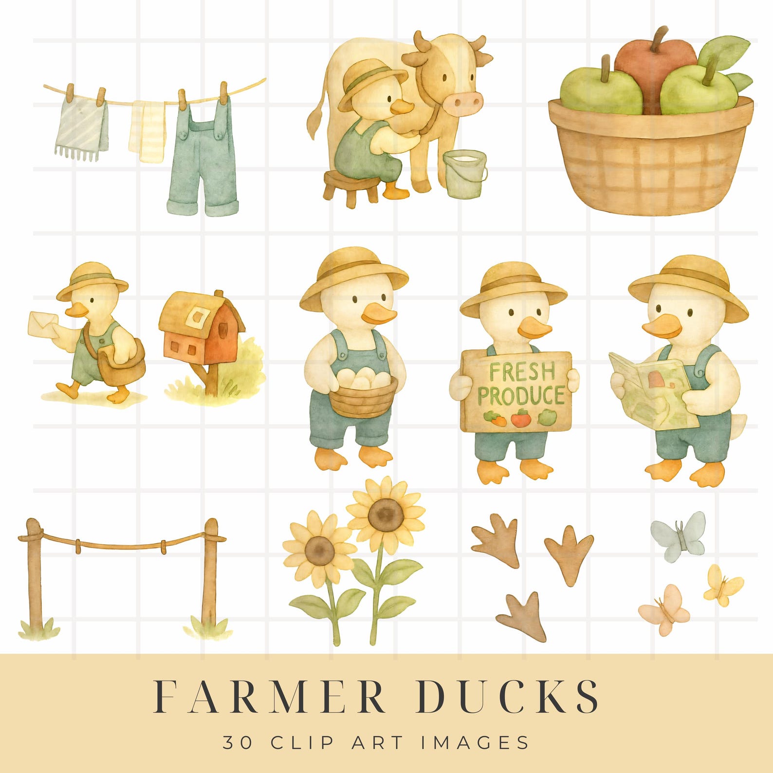 Watercolor Farmer Duck Clipart Bundle | Cute Ducks, Farm Life Scenes ...