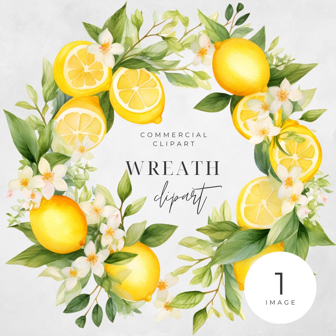 Watercolor Lemon Wreath Clipart, SINGLE IMAGE, White Flowers, Fruit ...