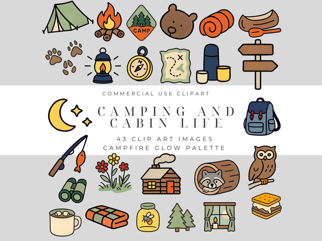 Cozy Camping & Cabin Life Clipart Pack – Bold Outlines for Stickers ...